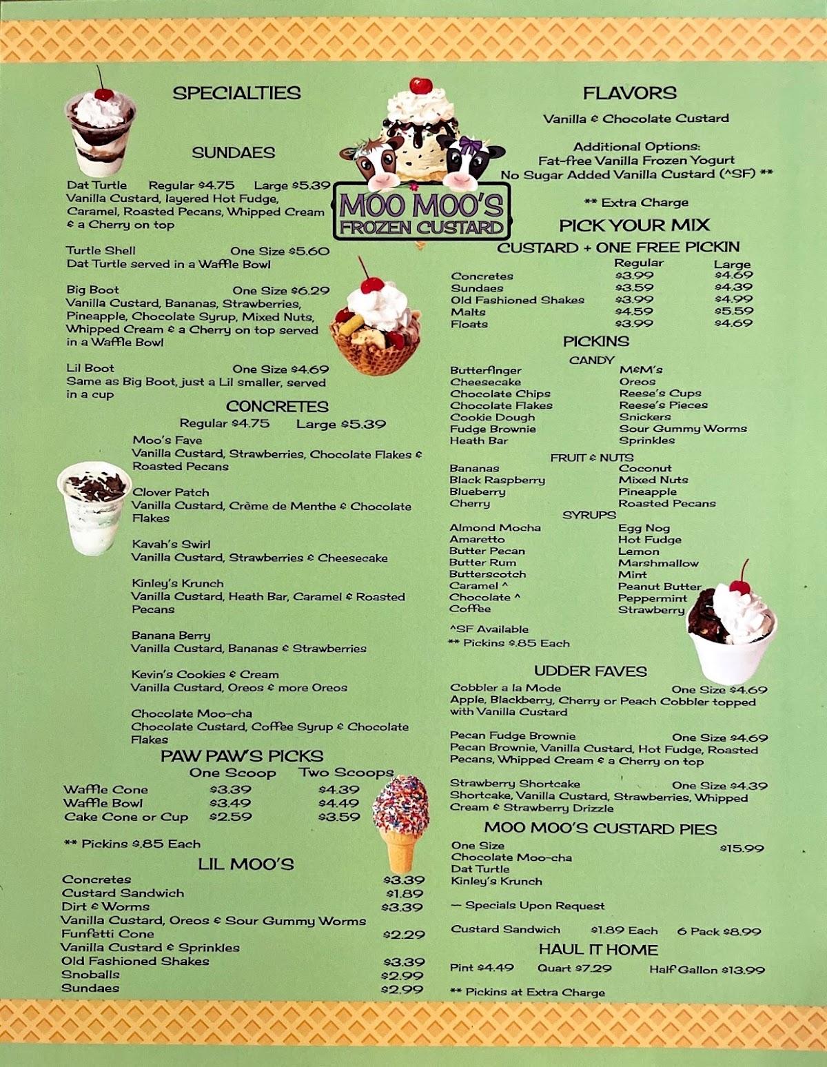Menu at Moo Moo's Frozen Custard, Mandeville