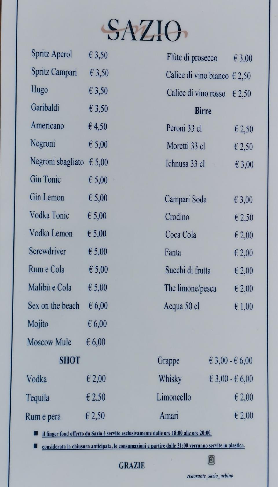 Menu at SAZIO restaurant, Urbino