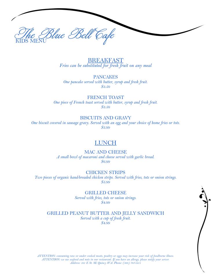 Menu at Bluebell Cafe, Quincy