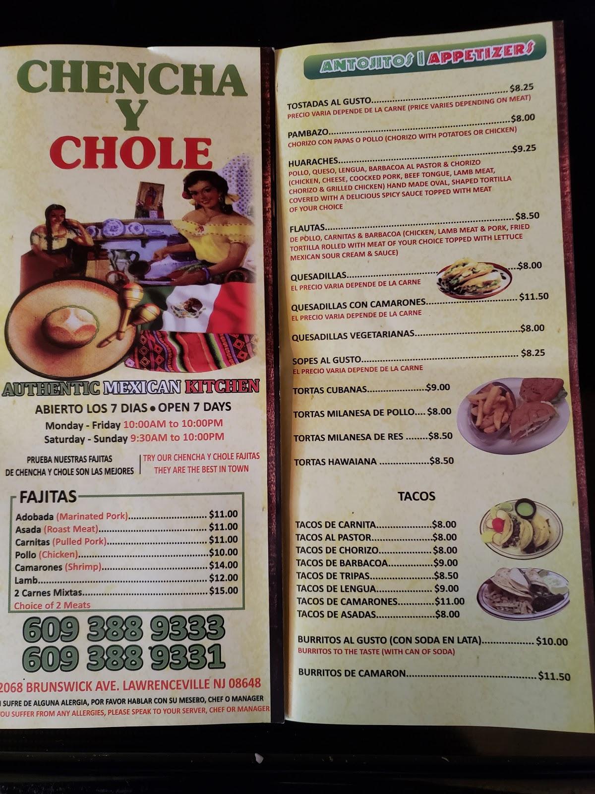 Menu at Chencha y Chole restaurant, Lawrence Township