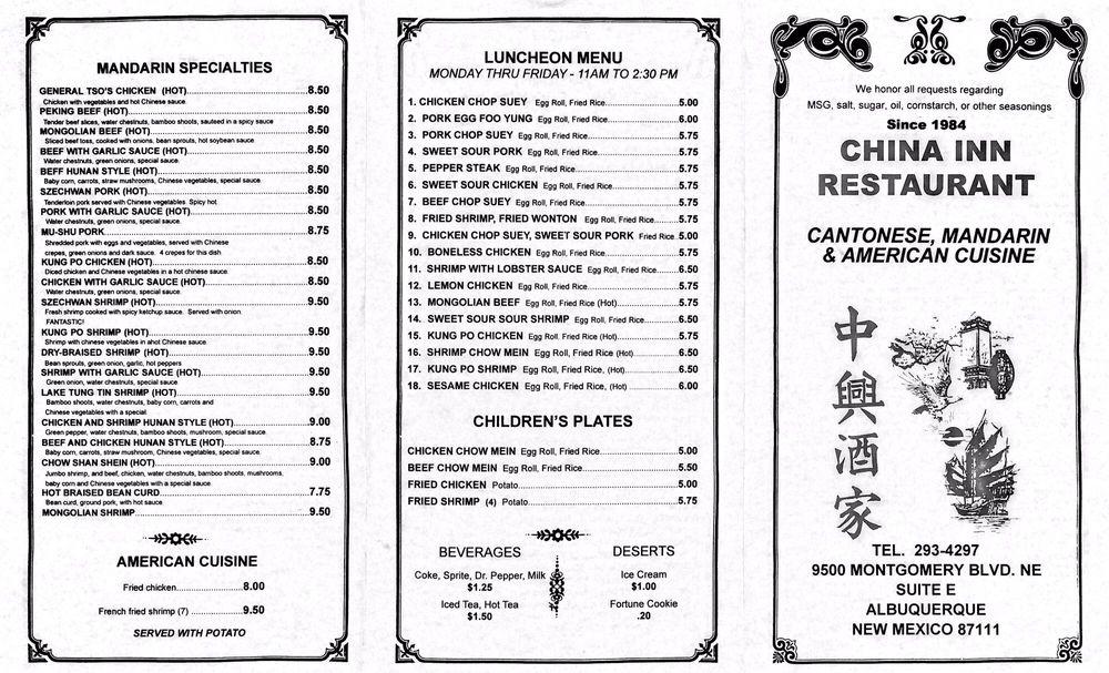 Menu at China Inn Restaurant, Albuquerque