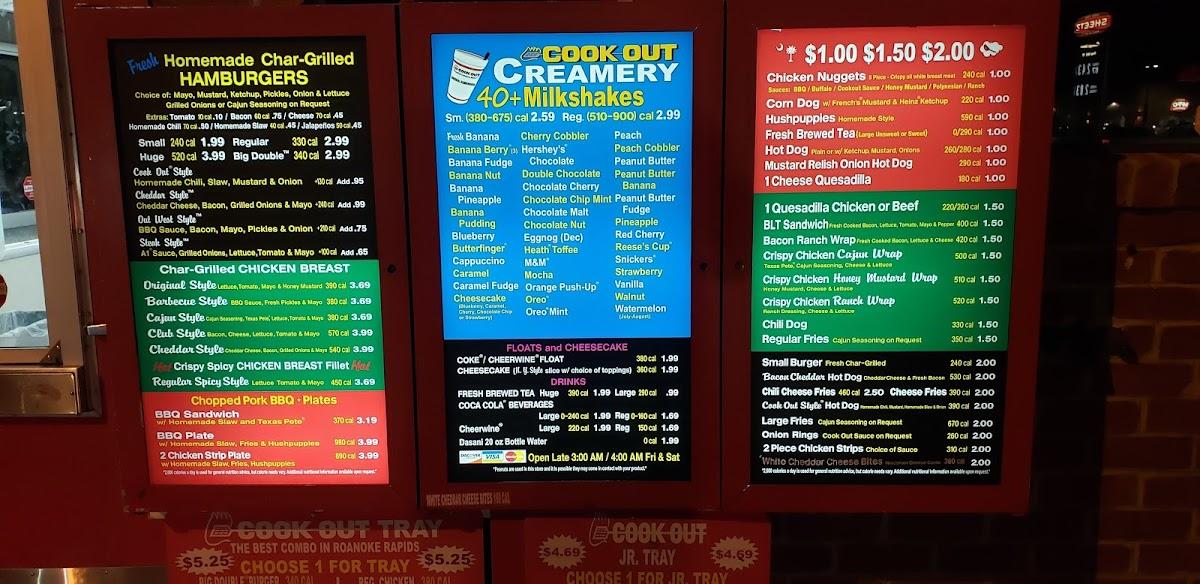 Menu at Cook Out fast food, Roanoke Rapids, Julian R Allsbrook Hwy