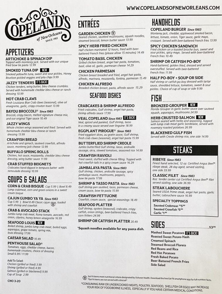 Menu at Copeland's of New Orleans steakhouse, Covington
