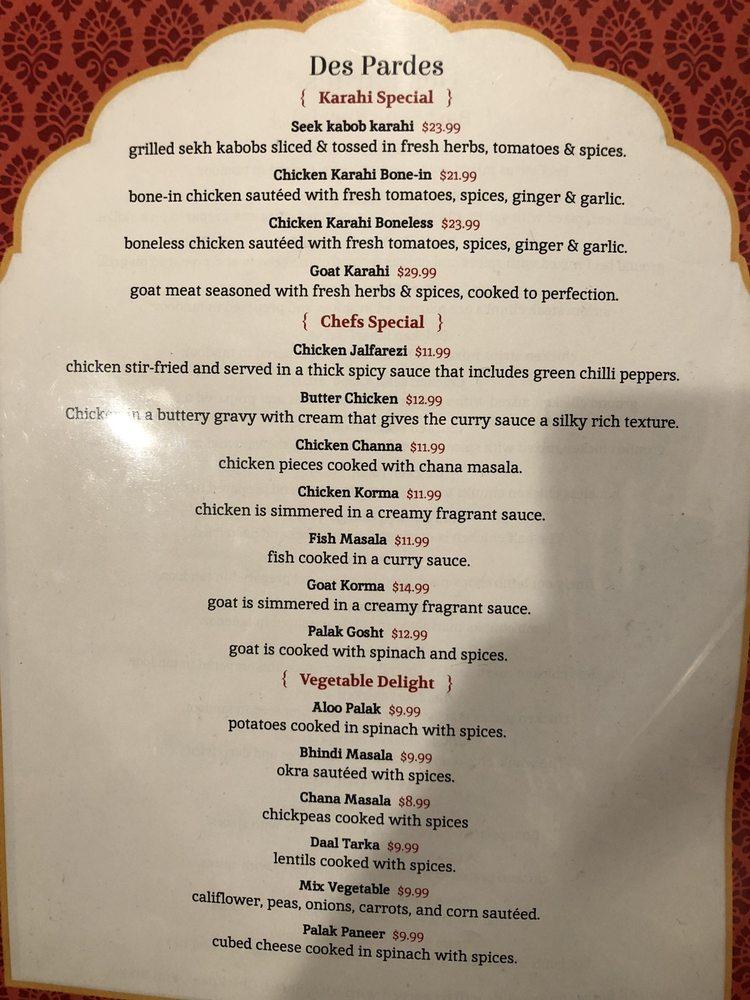Menu at Des Pardes Restaurant, Springfield