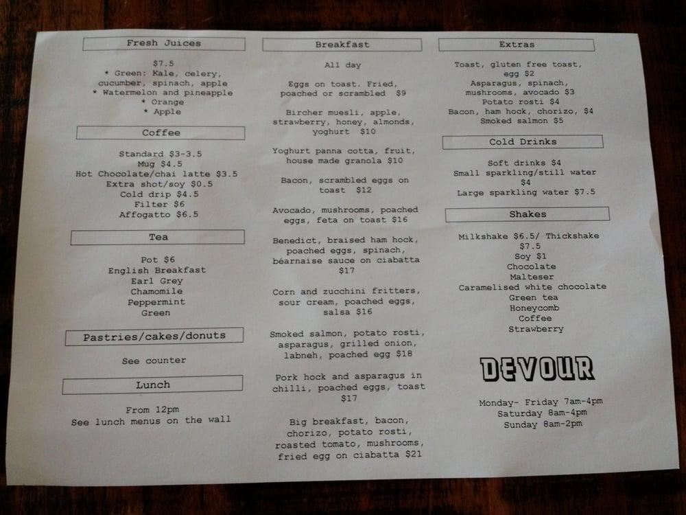 Menu at Devour Cafe Patisserie, Adelaide, 52 Davenport Terrace