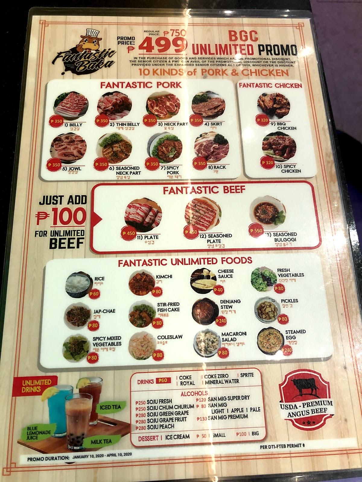 Carta del restaurante Fantastic Baka, Taguig