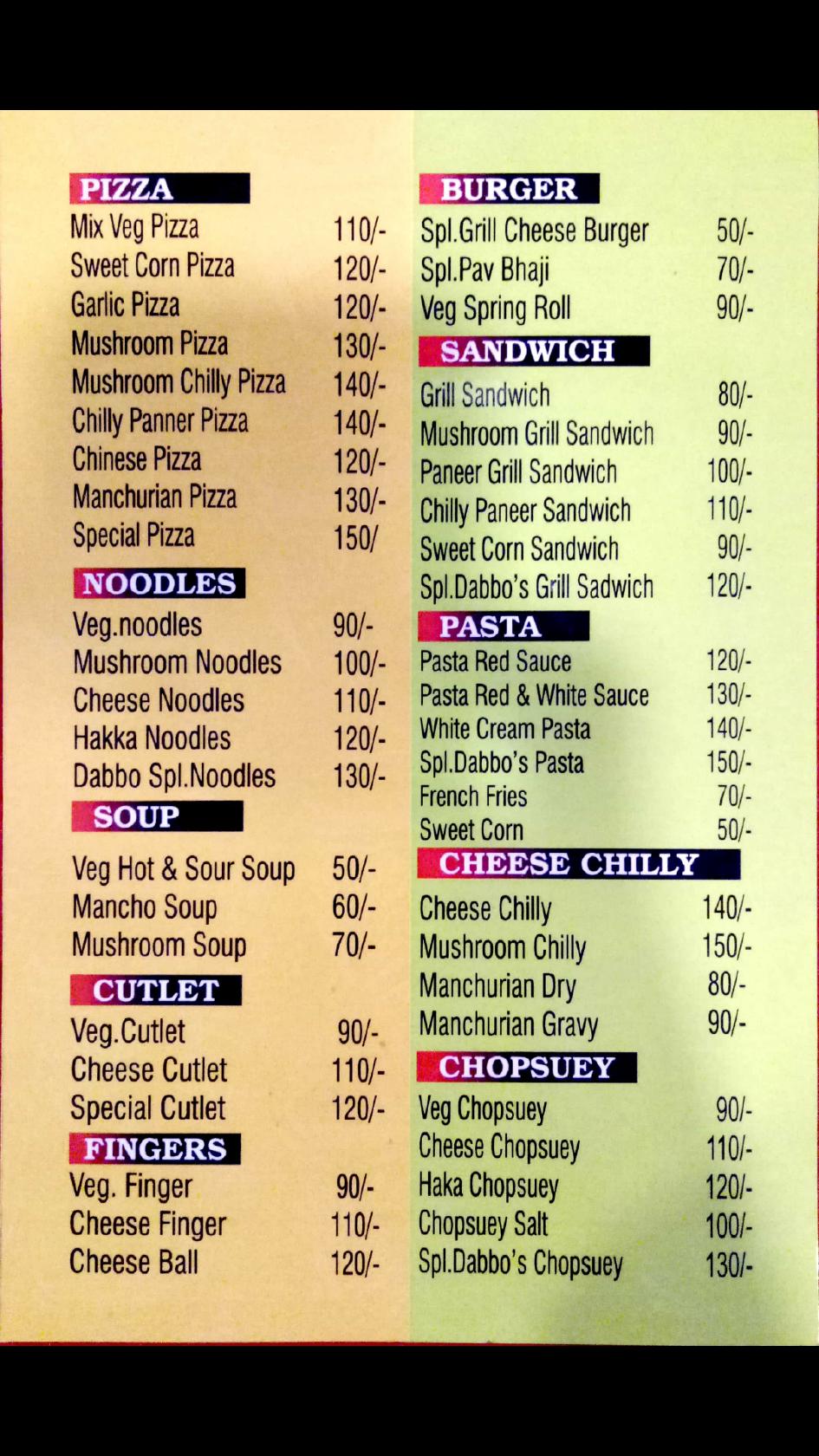 Menu at Dabbo's Pizza Moga, Moga