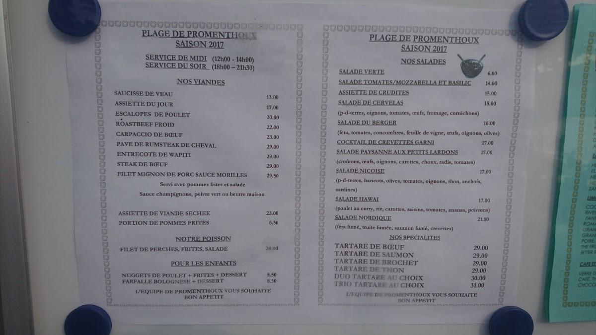 Menu da Le Petit Bouchon plage de Promenthoux, Prangins, Route de ...