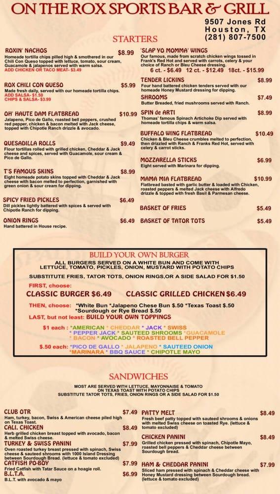 Menu at On the Rox pub & bar, Houston, Jones Rd Suite 300