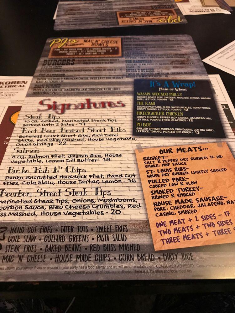 Menu at PJ's Smoke 'N' Grill pub & bar, Medway, 112 Main St