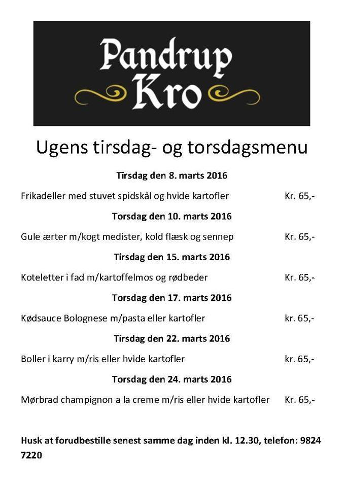 Menu at Pandrup Kro restaurant, Pandrup