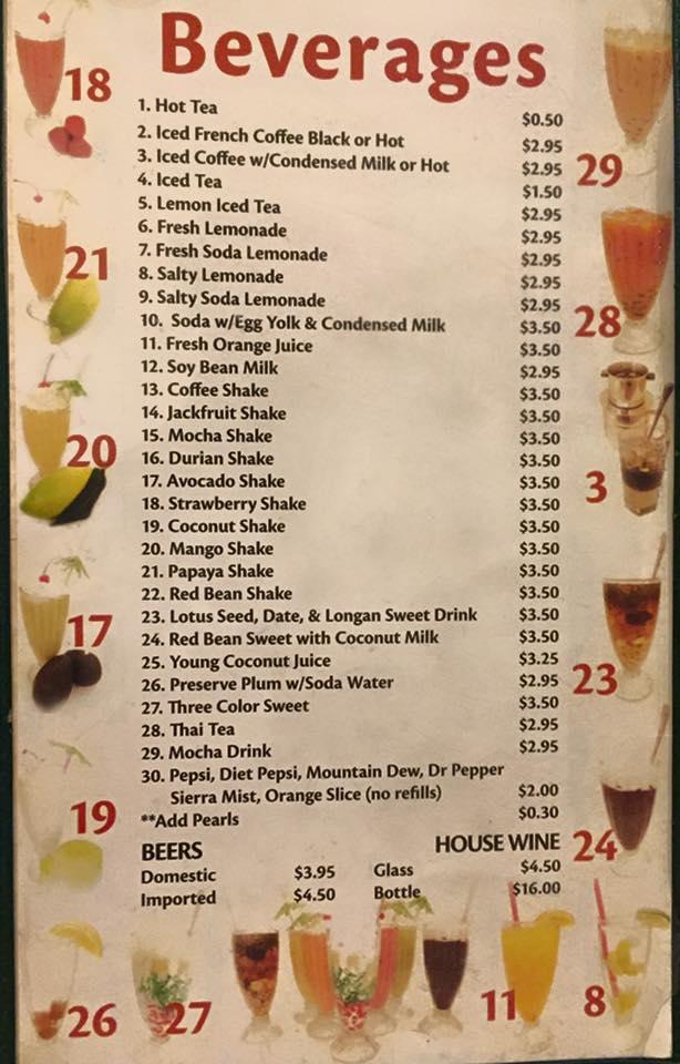 Menu at Phở Xe Lua restaurant, Sacramento