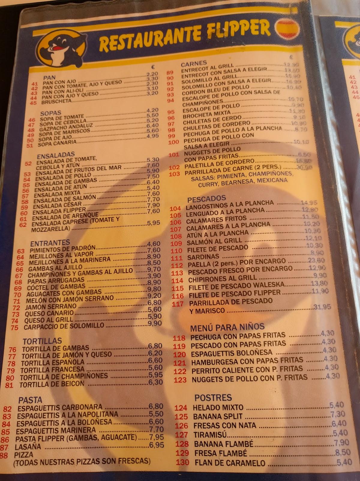 Menu at Restaurante Flipper, Puerto Rico de Gran Canaria, Playa de amadores