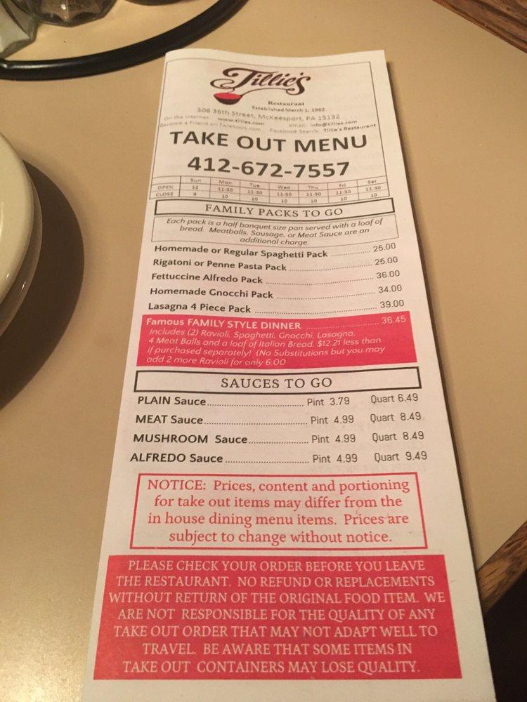 Menu at Tillie's Restaurant, McKeesport