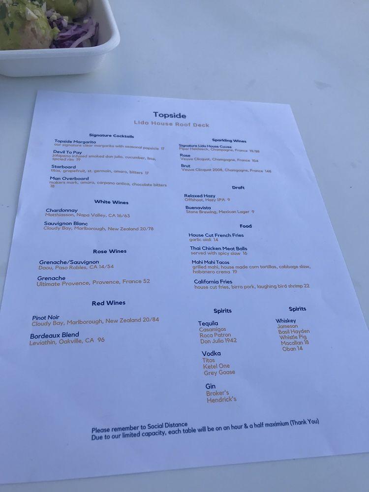 Menu at Topside Roof Deck pub & bar, Newport Beach