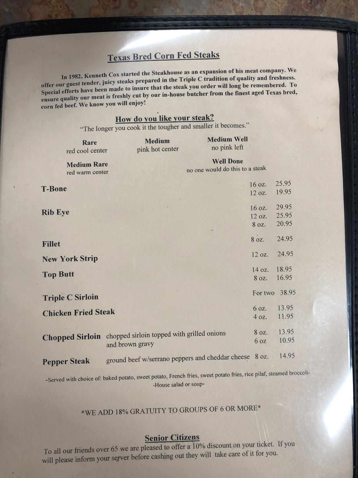Menu at Triple C Steakhouse, Devine