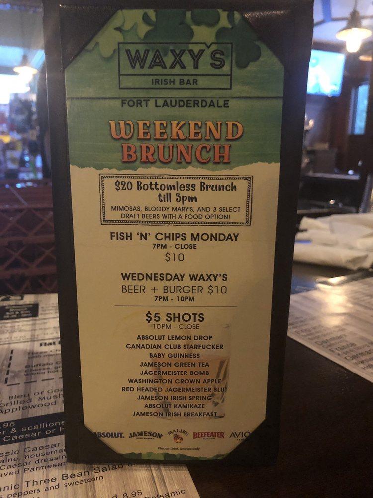 Menu at Waxy's Irish Pub, Fort Lauderdale