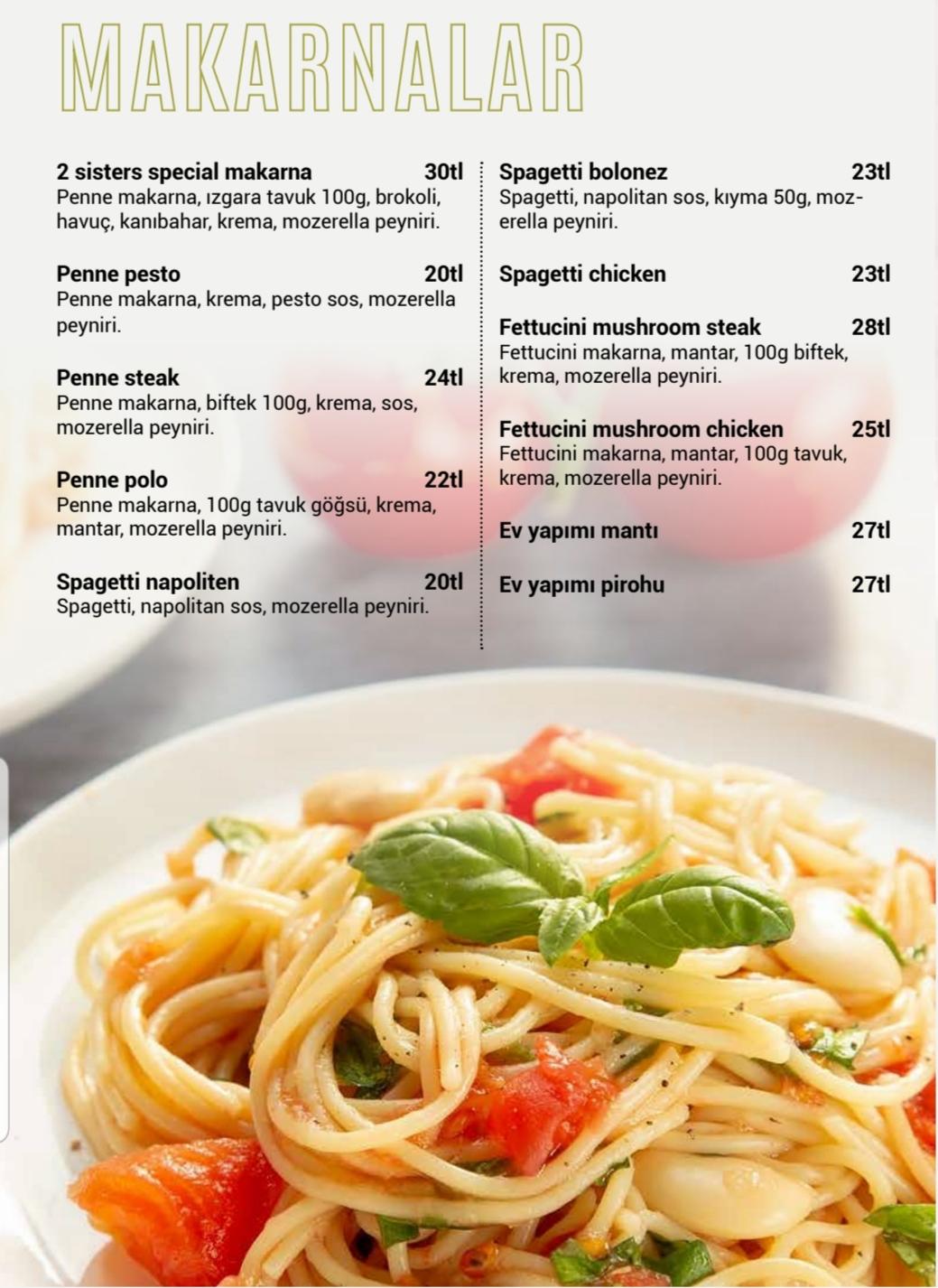 Menu at 2 Sisters, Güzelyurt