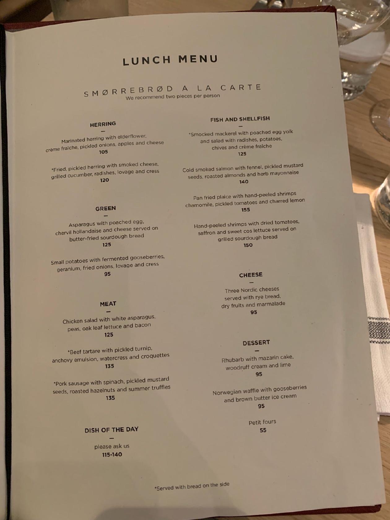 Menu at Aamanns 1921 restaurant, Copenhagen