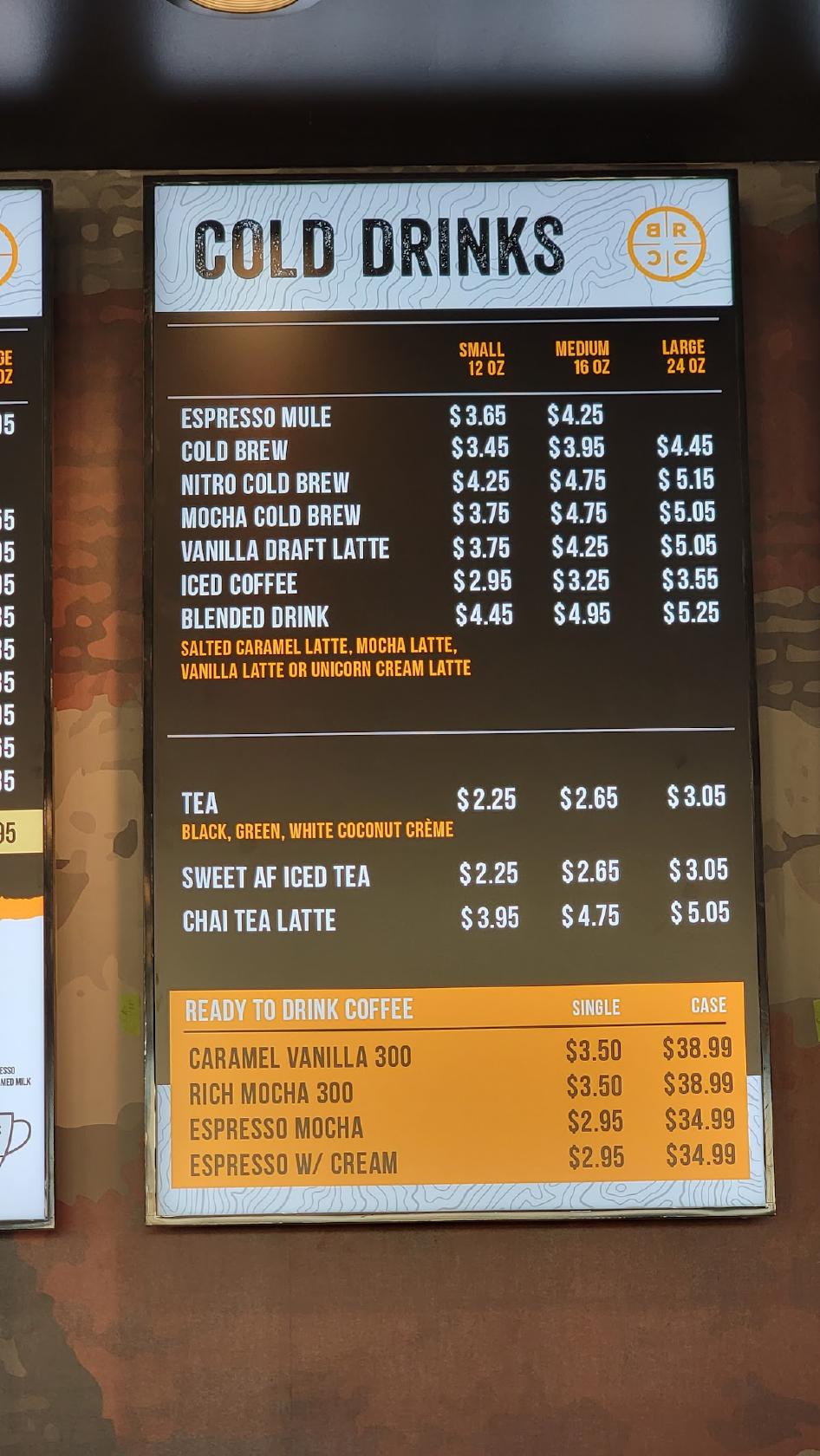 Menu at Black Rifle Coffee Company, Plano