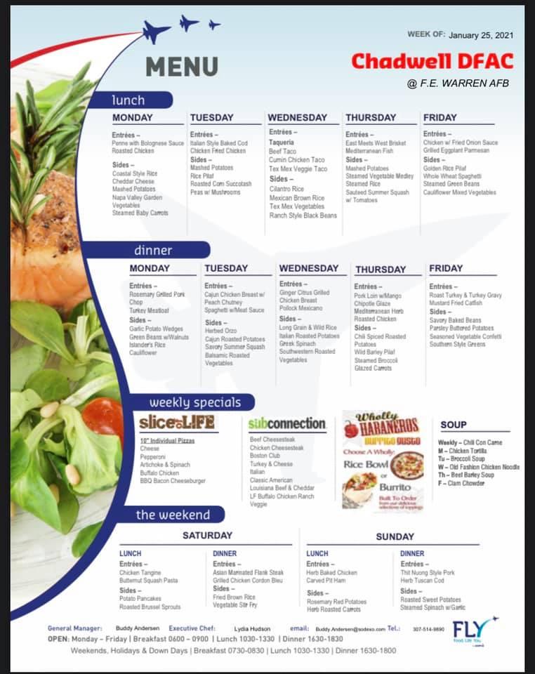 Menu at Chadwell Dining Facility cafeteria, Warren Air Force Base