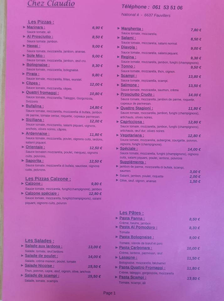 Menu au Chez claudio, Fauvillers, Rue du 26 décembre 63