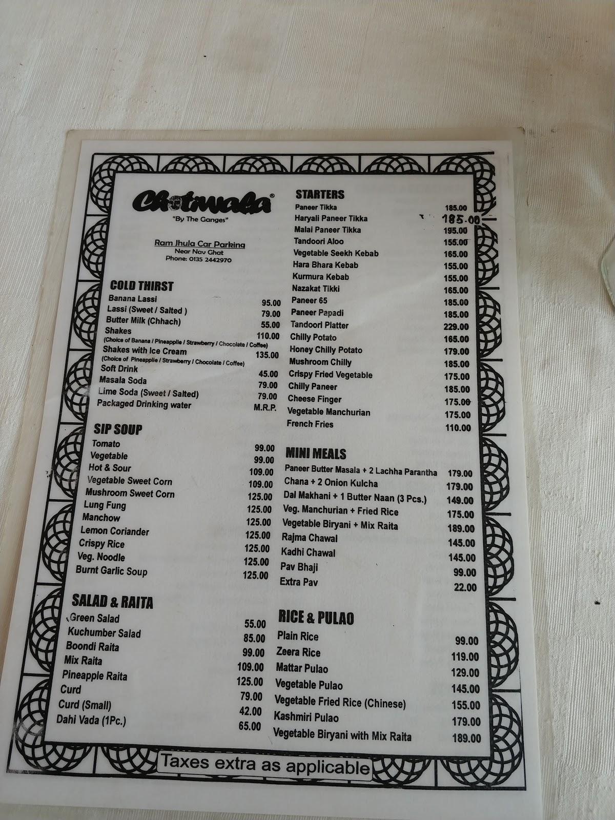 Menu at Chotiwala By The Ganges, Rishikesh, Ram Jhula Car Parking First ...