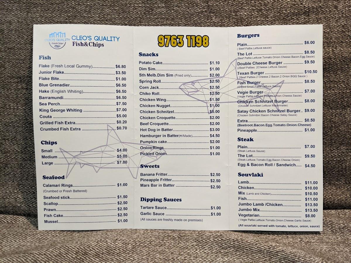 Menu at Cleo's Quality Fish & Chips fast food, Knoxfield