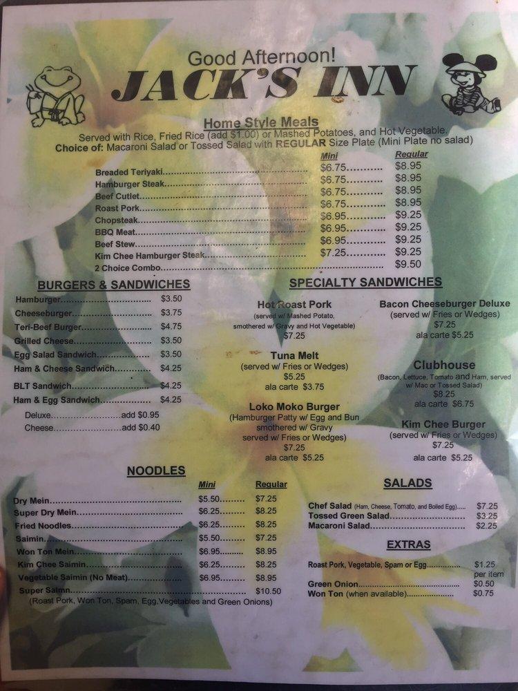 Menu at Jack's Inn restaurant, Kahului