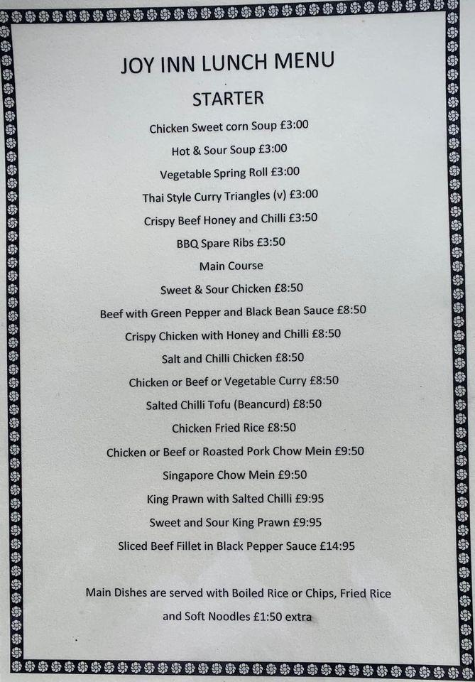 Menu at Joy Inn restaurant, Belfast