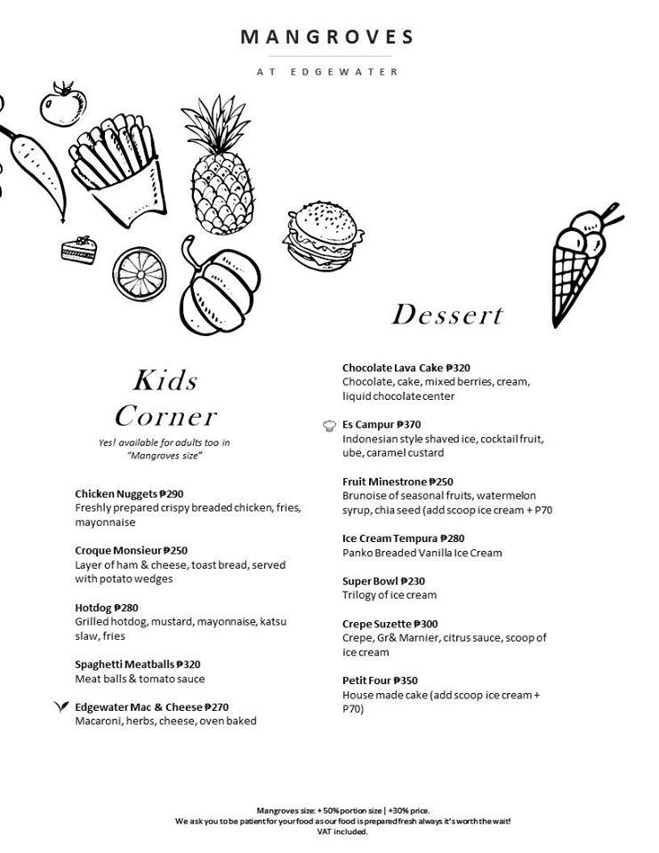 Menu at Mangroves Restaurant, Puerto Galera