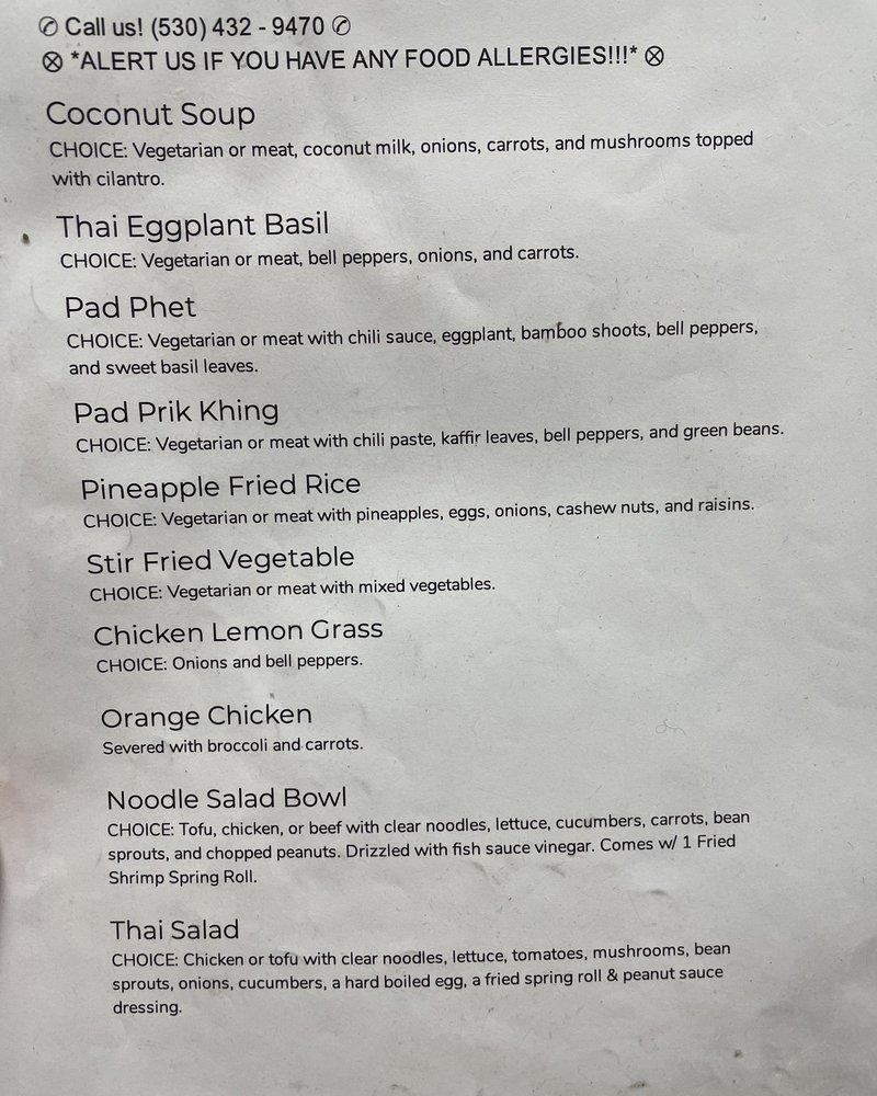 Menu at Moi's Thai Café restaurant, Penn Valley
