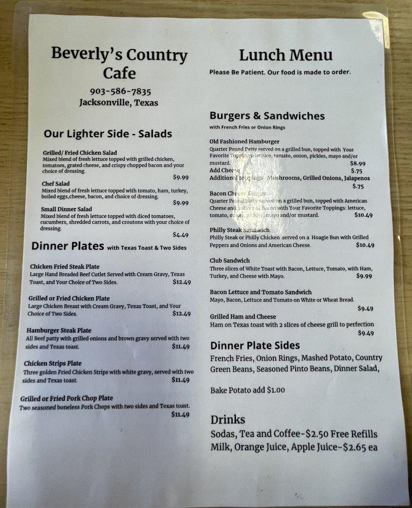 Menu at Beverly's Country Cafe, Jacksonville, S Jackson St