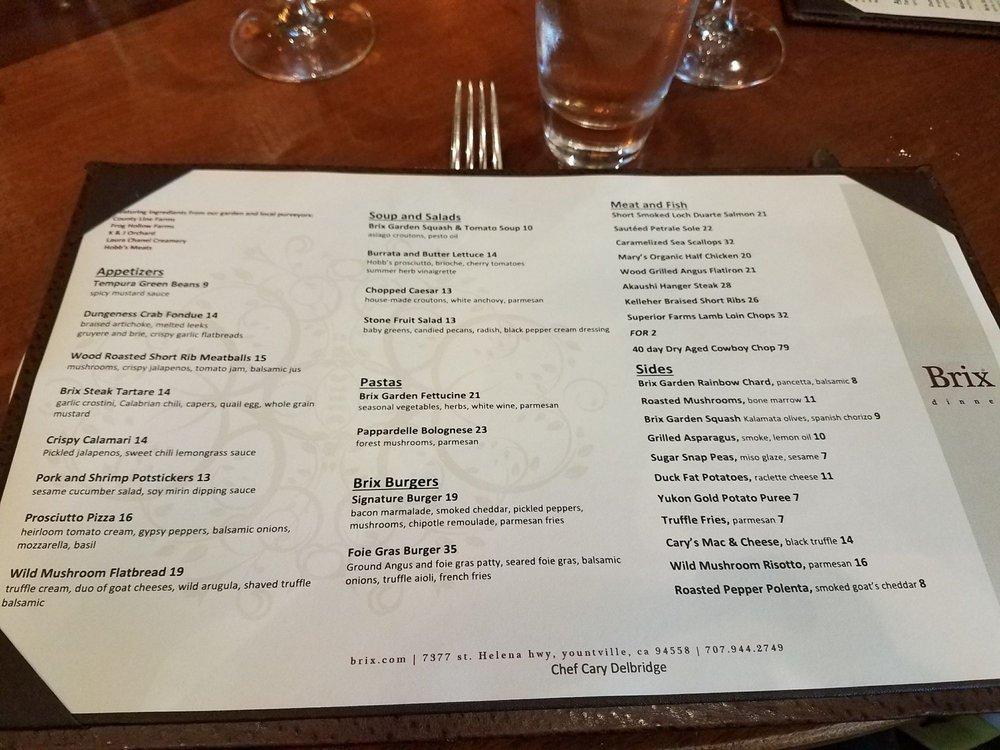 Menu at Brix pub & bar, Yountville