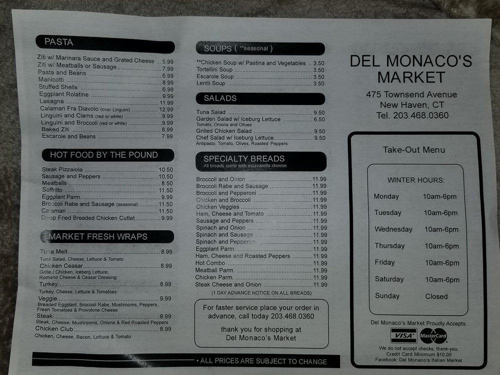 Menu at Del Monaco's Italian Market restaurant, New Haven