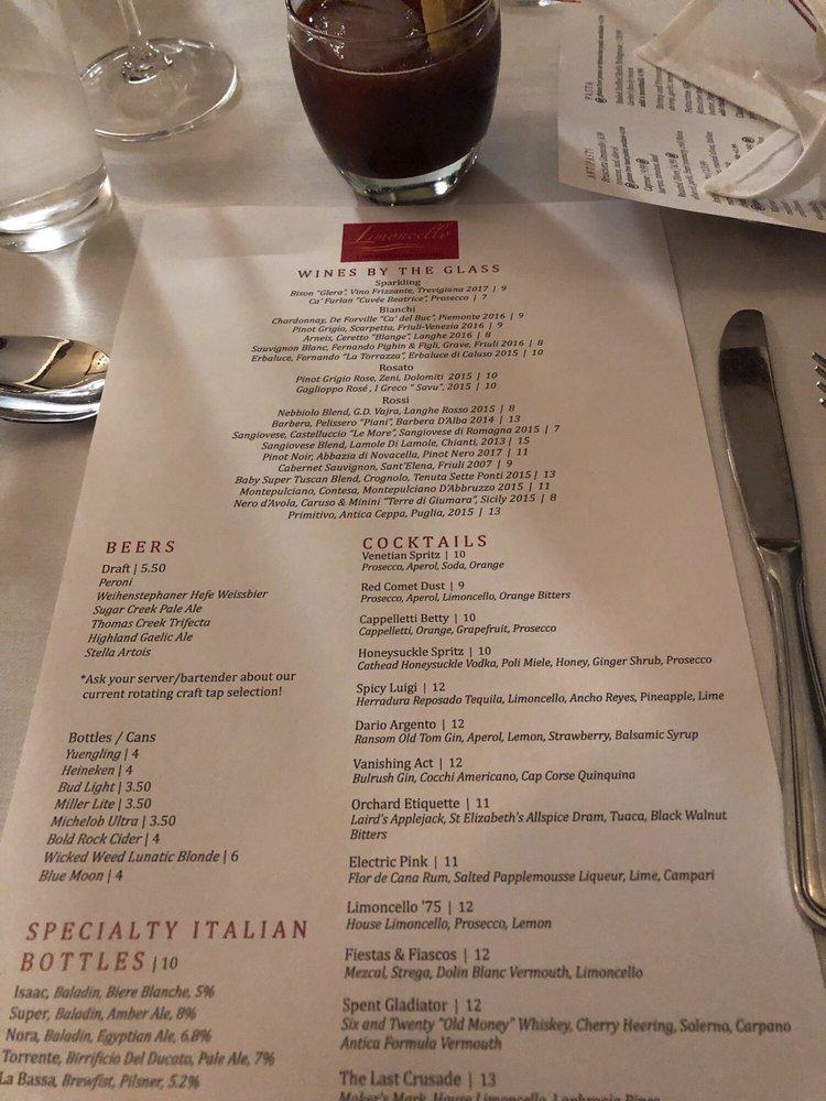 Menu at Limoncello restaurant, Greenville