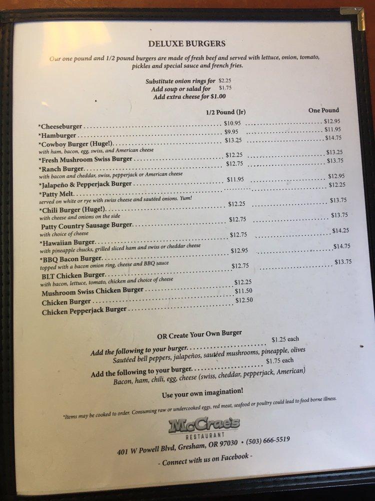 Menu at McCrae's Country Cafe, Gresham