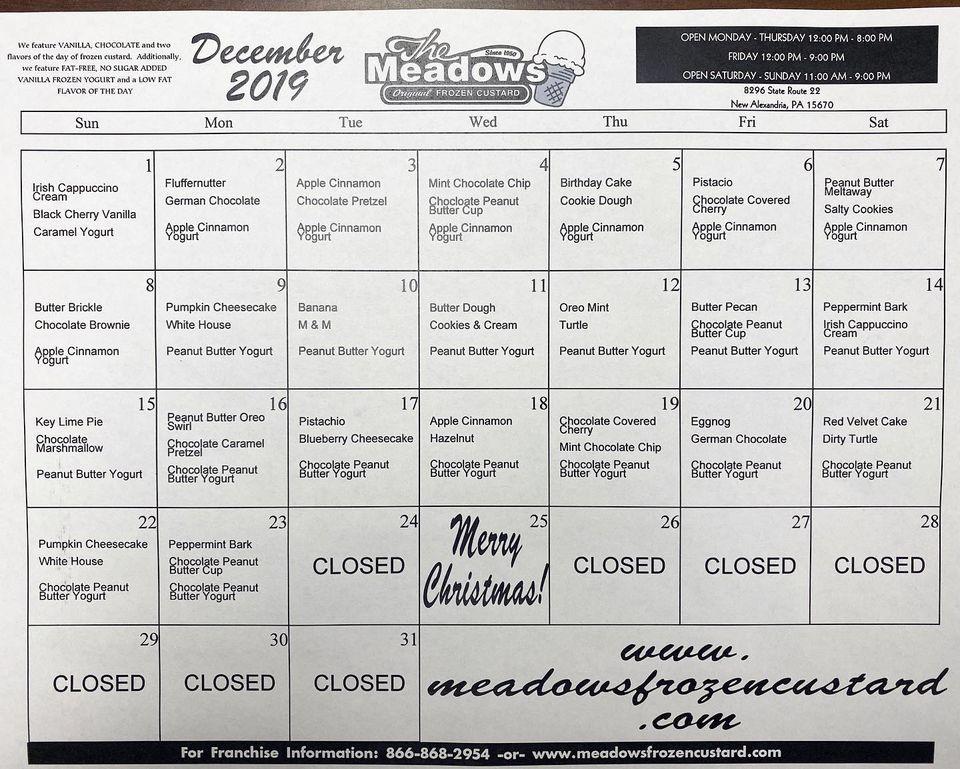 Menu at Meadows Original Frozen Custard pub & bar, New Alexandria