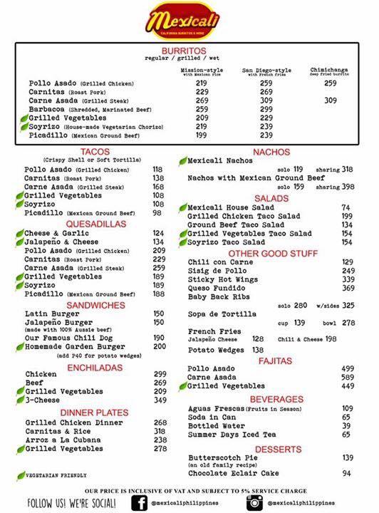 Menu at Mexicali restaurant, Quezon City, The Block
