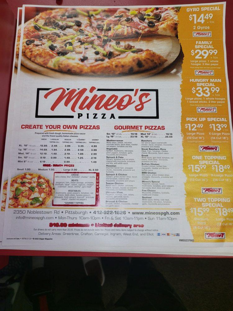 Menu at Mineo's Pizza pizzeria, Pittsburgh, Noblestown Rd