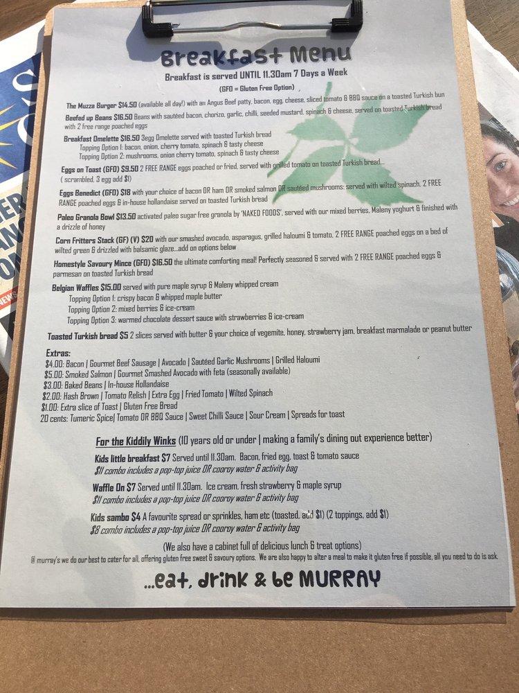 Menu at MURRAYS on sixth cafe, Maroochydore