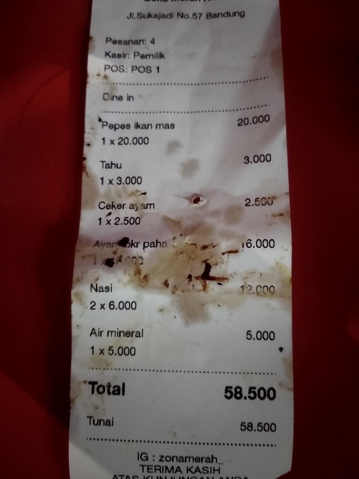 Menu at Red Zone restaurant, Bandung