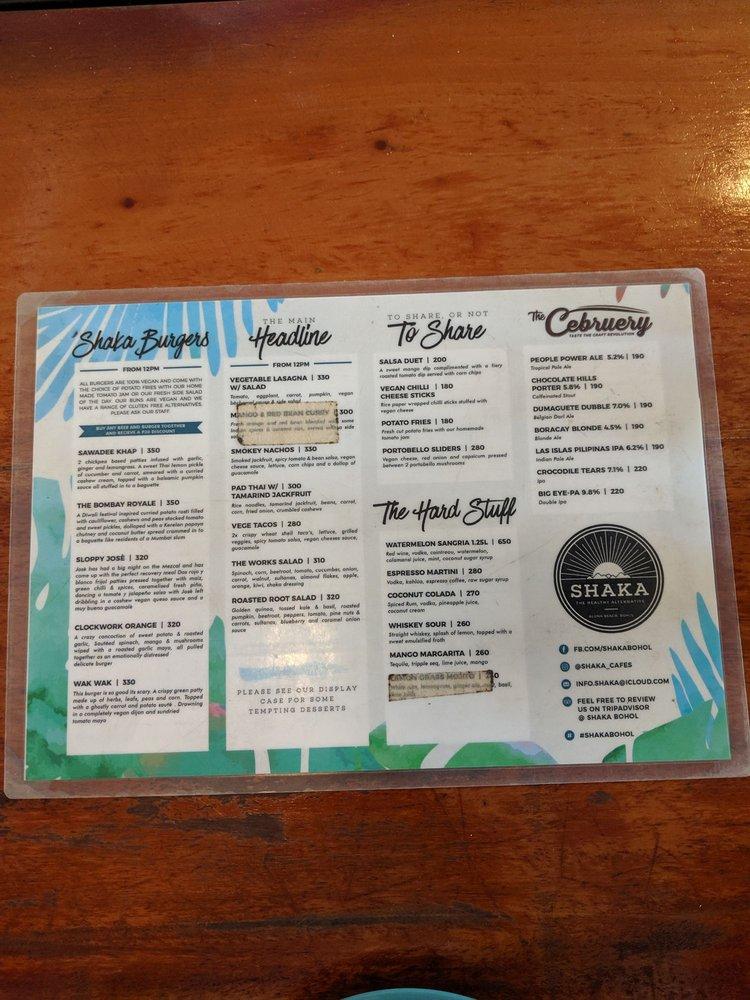 Menu at SHAKA restaurant, Panglao