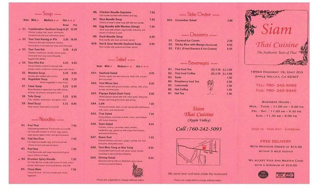 Menu at Siam Thai Cuisine restaurant, Apple Valley