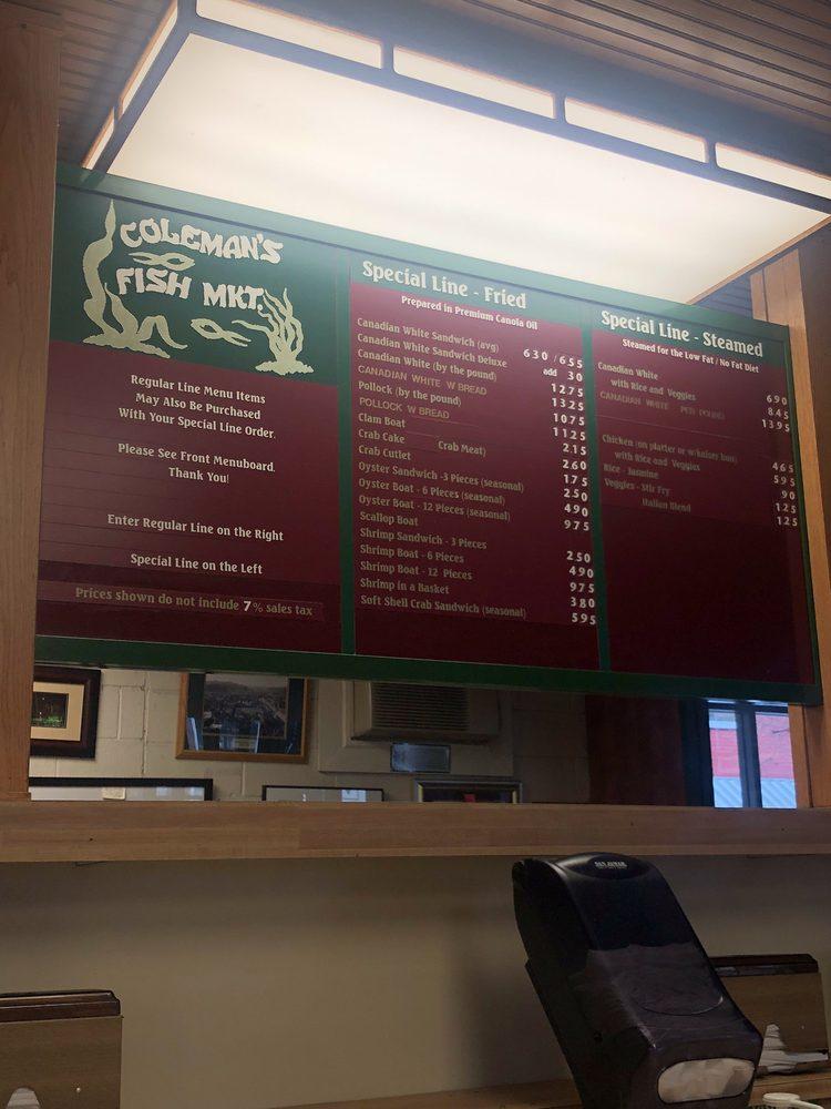 Menu at Coleman's Fish Market restaurant, Wheeling