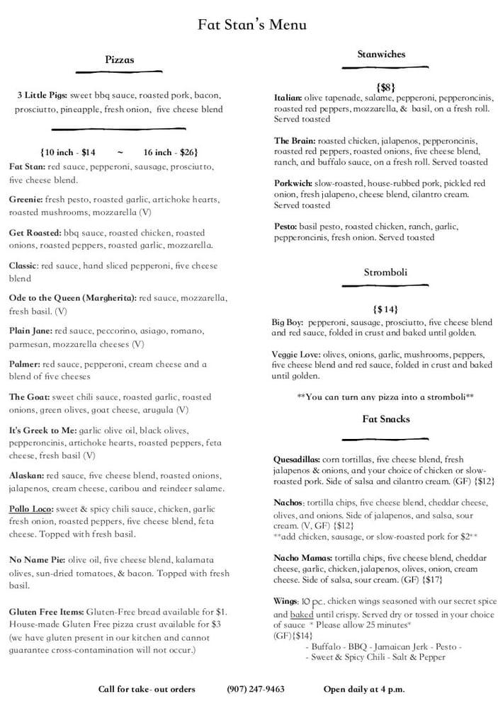 Menu at Fat Stan's Sports Bar & Pizzeria, Ketchikan, 330 Spruce Mill Way