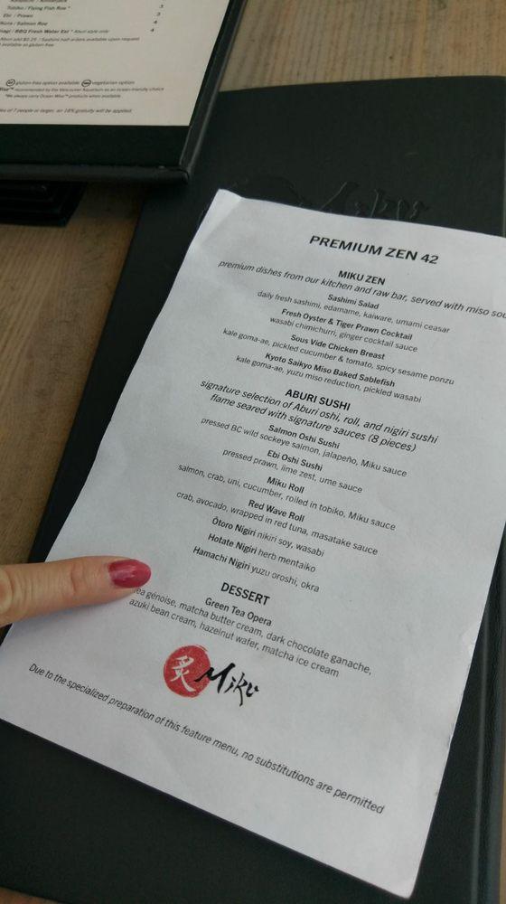 Menu at Miku Vancouver restaurant, Vancouver
