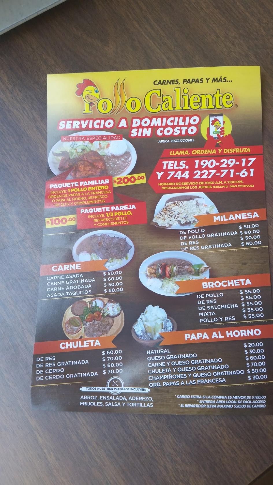 Carta del restaurante Pollo Caliente, Acapulco, Plaza Navegantes