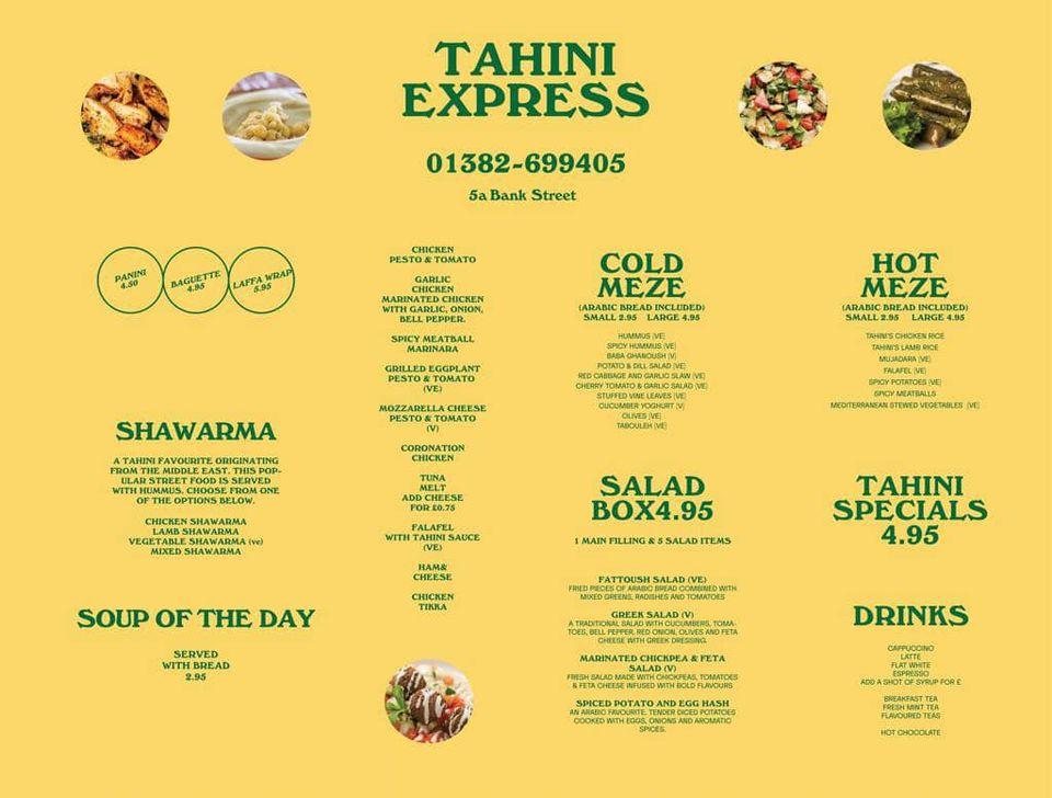 Menu at Tahini restaurant, Dundee