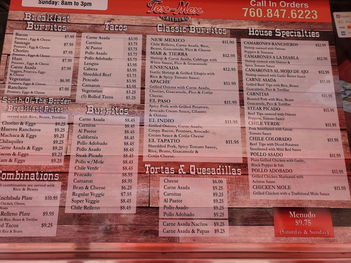 Menu at Tex Mex restaurant, Valley Center